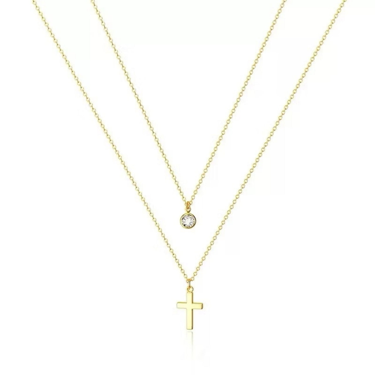 Double Layered Diamond + Cross Golden Necklace – Marie